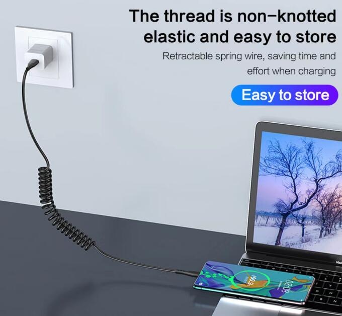 usb A male to USB C male spring data transfer power charge cable