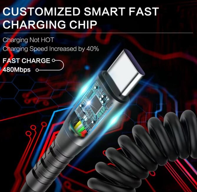 usb A male to USB C male spring data transfer power charge cable