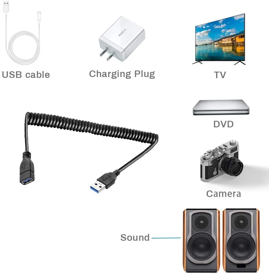 spring USB 3.0 A male to USB 3.0 A female extension coiled cable